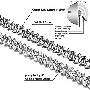 HDMENC Mens Miami Cuban Link Chain Necklace 12mm Diamond Prong Cuban Chain 18/20/24inch Length Hip Hop Jewely with Gift Box