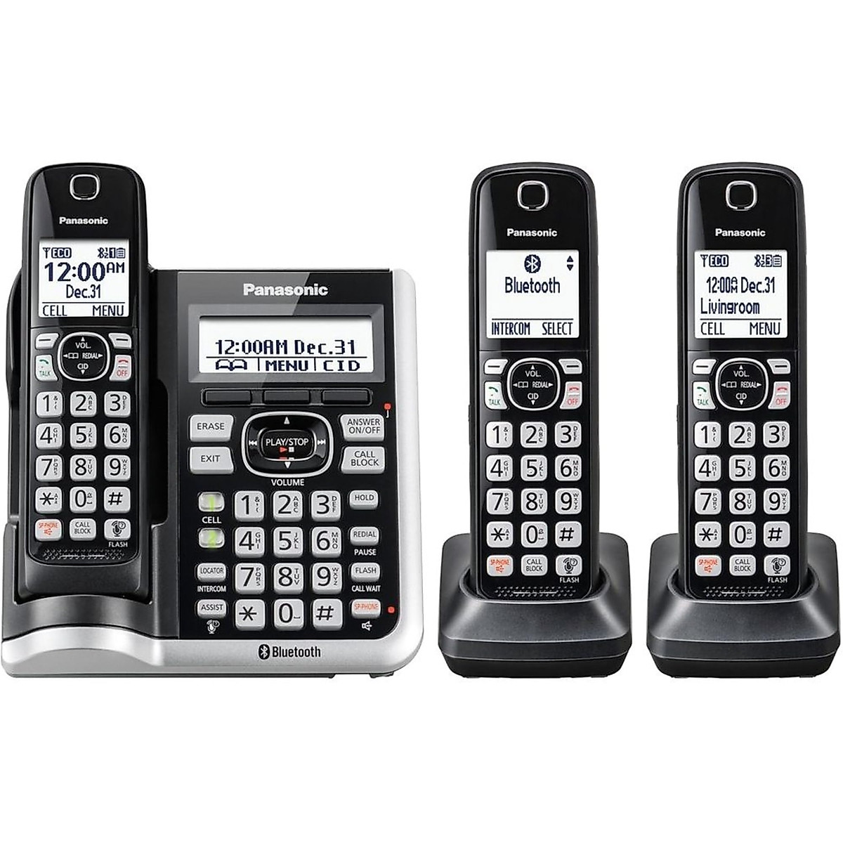 Panasonic Link2Cell Bluetooth Cordless Phone System with Voice Assistant, Call Blocking and Answering Machine. DECT 6.0 Expandable Cordless System - 3 Handsets - KX-TGF573S (Black/Silver Trim)