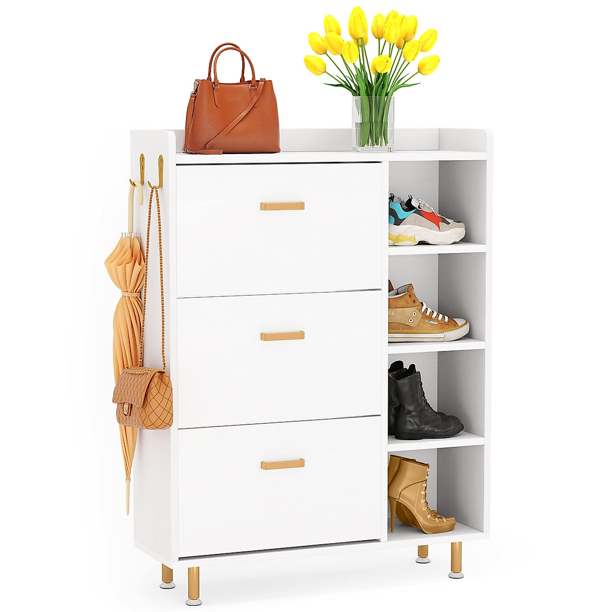 Tribesigns Shoe Cabinet, Flip Drawers Shoe Storage Cabinet for Entryway with 3 Flip Drawers and 5 Shelves, White Golden Freestanding Shoes Cabinet for Closet, Living Room, Bedroom (White/Golden)