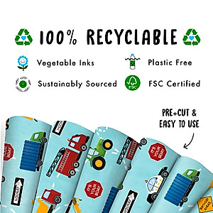 CENTRAL 23 Wrapping Paper for Boys - 6 Sheets of Birthday Gift Wrap - Police Cars Trucks and Tractors - For Kids - Children - Matte - Recyclable