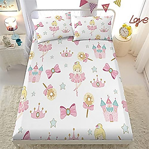 Jeyfull Pink Princess Fitted Sheet Set for Kids Girls Teens Donut Dancing Castle Crown Bed Sheet Queen Size 3D Print Dreaming Style Sheet Set 3 Piece
