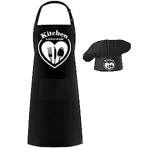 Hyzrz Chef Apron Hat Set,Kitchen Is The Heart of Home,Chef Hat and Apron Adjustable Baker Costume with Pocket Dad Apron for Kitchen Grill BBQ Men and Women Father's Gift (Black)