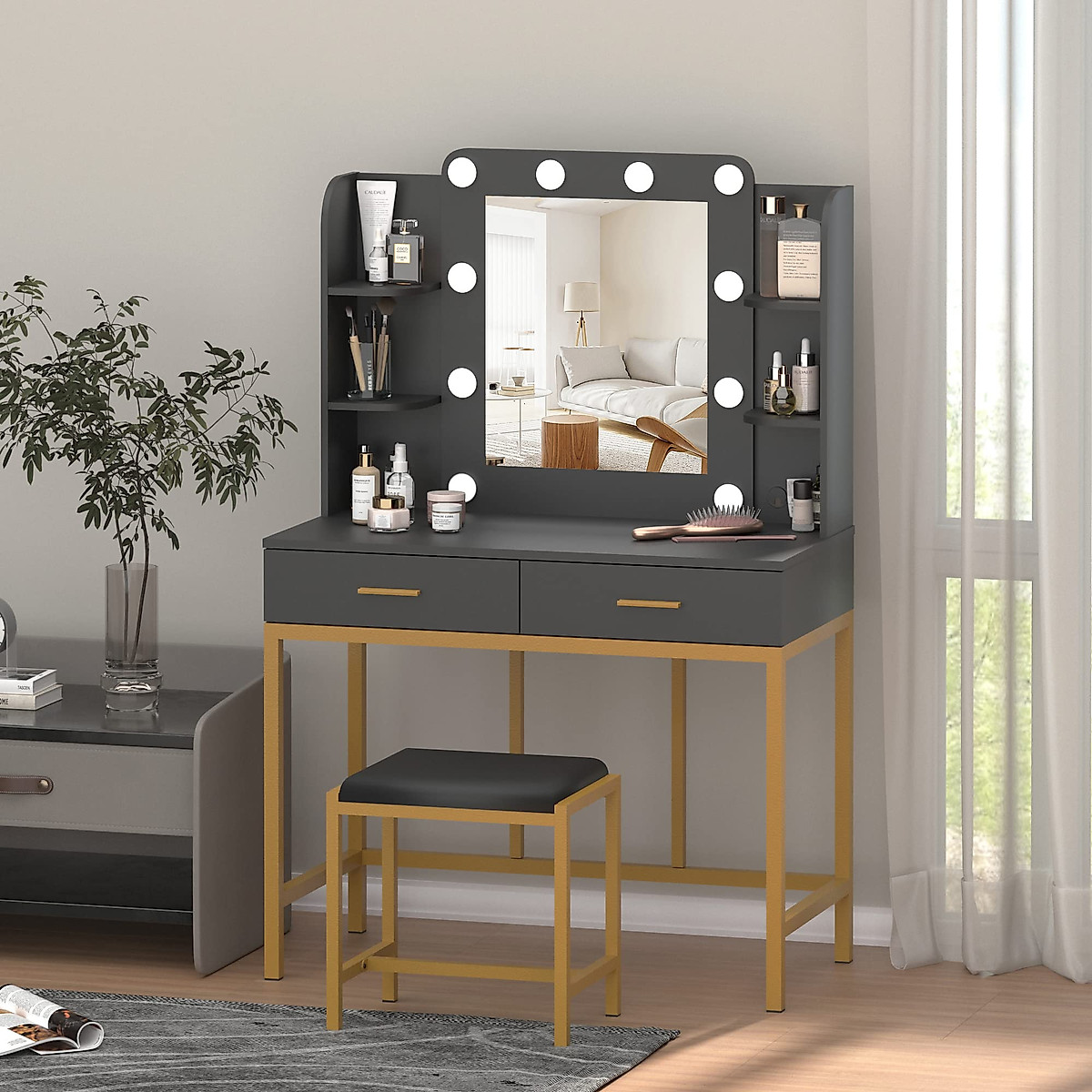 Makeup Vanity with Lighted Mirror, Black Vanity Mirror with Lights and Table Set, Vanity Set with 10 LED,Vanity Desk with 3 Lighting Modes and 2 Drawers&Cushioned Stool for Bedroom