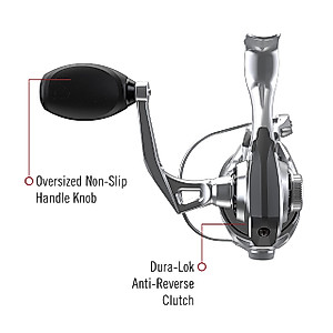 Zebco Quantum Throttle Spinning Fishing Reel, Size 10 Reel, Stainless Steel Bail Wire, Dura-Lok Anti-Reverse Clutch, Oversized Non-Slip Handle Knob, 10 + 1 Ball Bearings, 5.2:1 Gear Ratio, Silver