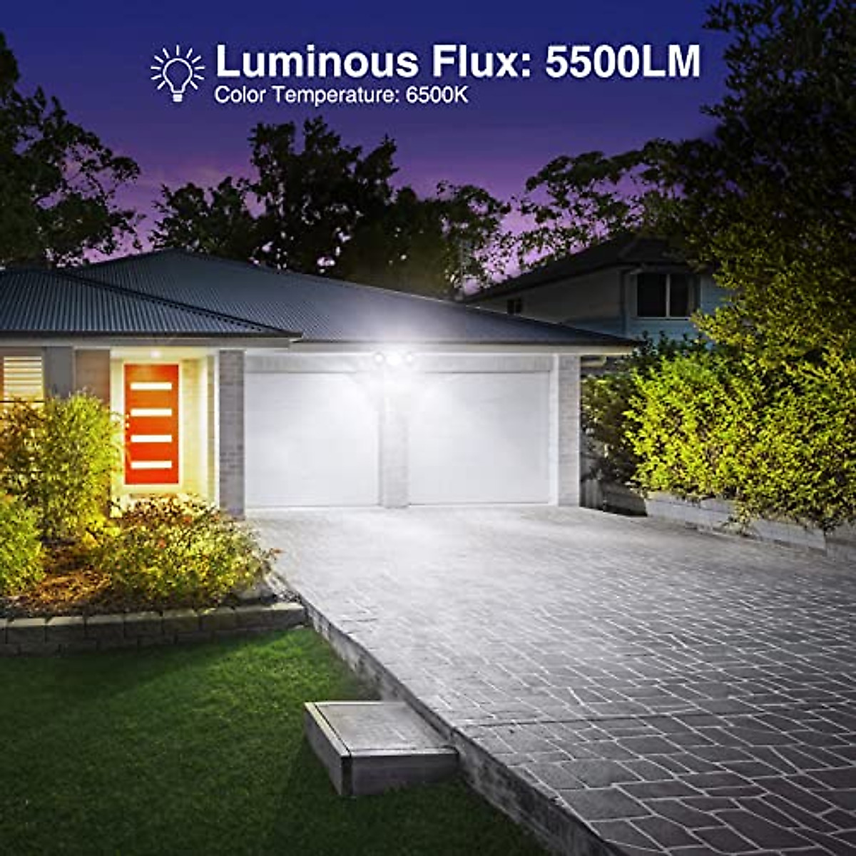 Onforu 55W Security Lights Dusk to Dawn, 5500LM Bright LED Flood Light with Photocell, 3 Adjustable Heads Exterior Floodlight, IP65 Waterproof 6500K Daylight White Outdoor Light for Garage Yard Patio