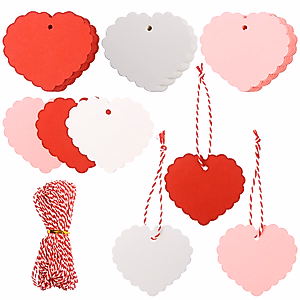 DIYASY Valentine Heart Gift Tags,120 Pcs Kraft Paper Hanging Tags with String for Valentine's Day,Wedding and Mother's Day Gift Wrapping(Red,Pink,White)