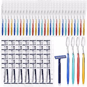 Yungyan 200 Pcs Disposable Toothbrushes and Razors Bulk Individually Wrapped for Homeless Soft Toothbrush Stainless Steel Blade Shaving Razors for Men Adults Shelter Nursing Home Charity Travel Hotel