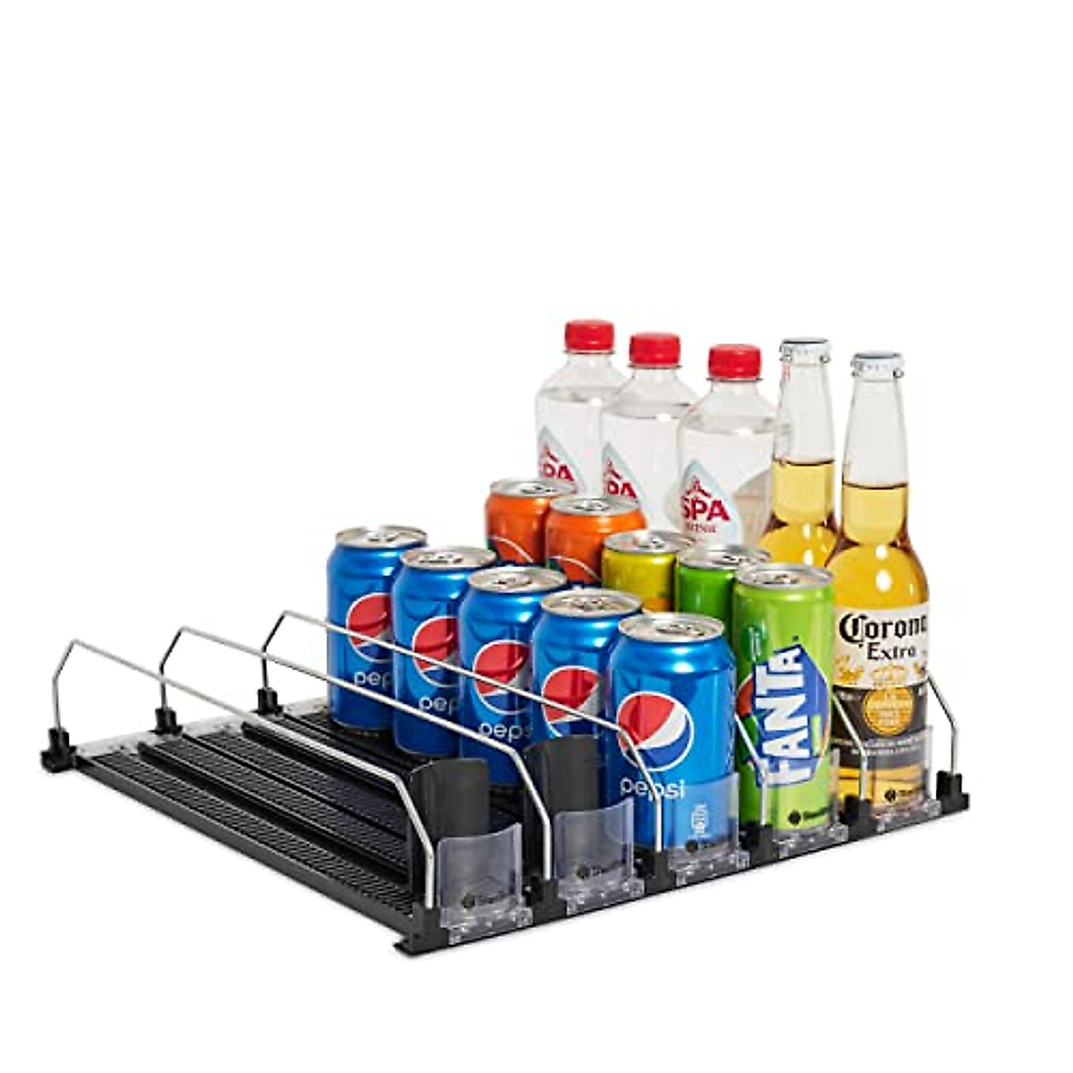 Shardified Drink Organizer for Fridge, Self-Pushing Beverage Organizer for Refrigerator, Width Adjustable Soda Can Pusher Glide, Beer Water Bottle Storage for Pantry, Glossy-Black, 5-Row