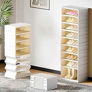 FLEXIMOUNTS Shoe Rack Organizer Storage Box 9 Tiers-18 Pairs, Tall Portable Folding Shoe Rack for Closet Entryway, Collapsible Shoe Cabinet with Magnetic Clear Door for Front Door Entrance