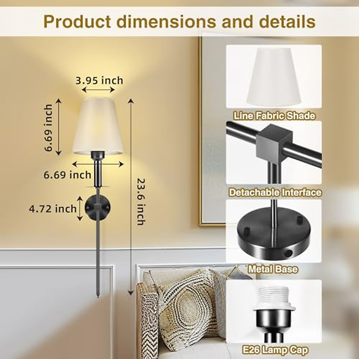 LAMPYLIFE Battery Operated Wall Sconce Set of 2 Two, Wireless Wall Sconces with Remote and Dimmable Detachable Bulbs, Rechargeable Battery Sconces Wall Decor for Bedroom Living Room Hallway (Black)