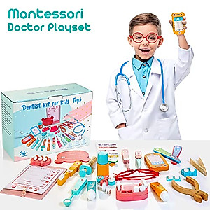 Wooden Dentist Kit for Kids, 41 Pieces Toy Medical Kit with Stethoscope & Medical Storage Bag, Montessori Pretend Doctor Kit Toys for 3 4 5 6 Years Old Boys Girls