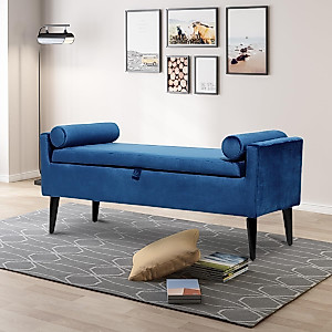 OuchTek 47" Velvet Storage Bench for Bedroom End of Bed Tufted Upholstered Storage Ottoman Bench Modern Long Storage Benches with Seating and 2 Pillows for Foot of Bed Navy Blue