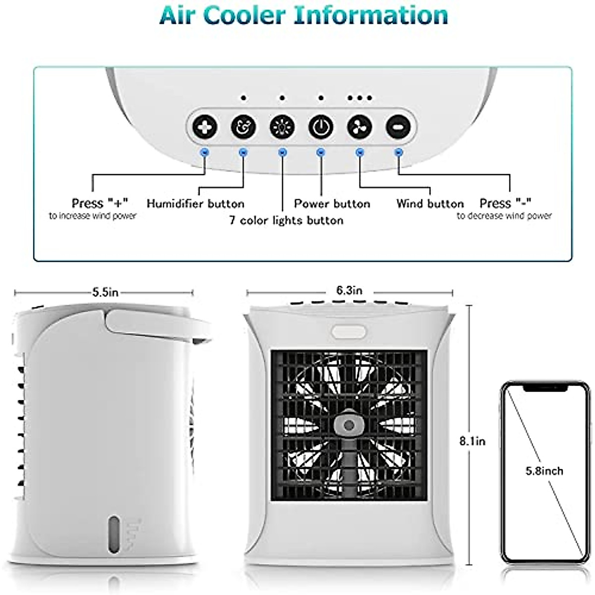 Mini Portable Air Conditioner, Personal Air Cooler, Evaporative air conditioner Fan with 3 Speeds, 3 in 1 Desktop Air Conditioner for Office, Bedroom, Outdoor