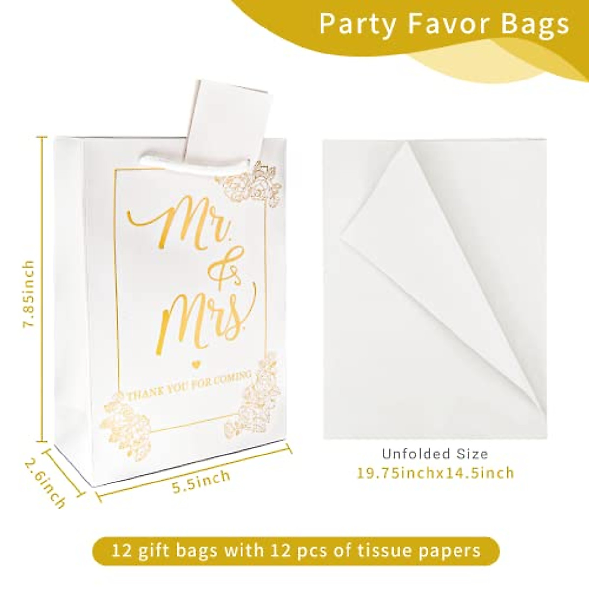 ECOHOLA Wedding Party Gift Bags with White Tissue Papers, 12 Pieces Metallic Gold Foil Fancy Wedding Gift bags for Wedding Bridal Shower, Bridesmaid Gift Bags, Groomsmen Gift Bags Party Proposal Bags with Tag, 8"X5.5"X2.5"