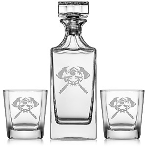 Whiskey Decanter Gift Set With 2 Whiskey Old Fashioned Rocks Glasses Firefighter Skull