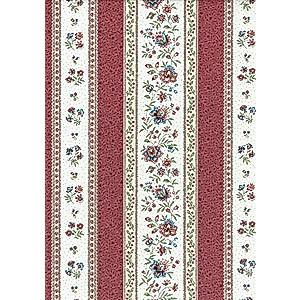 Textiles français Provençal Stripe Floral Fabric GORDES | Antique Red and Ivory - with Rose Pink, Green and Beige - Luxury 100% Cotton Printed Fabric - 63 inches Wide | Per Yard Length Increment