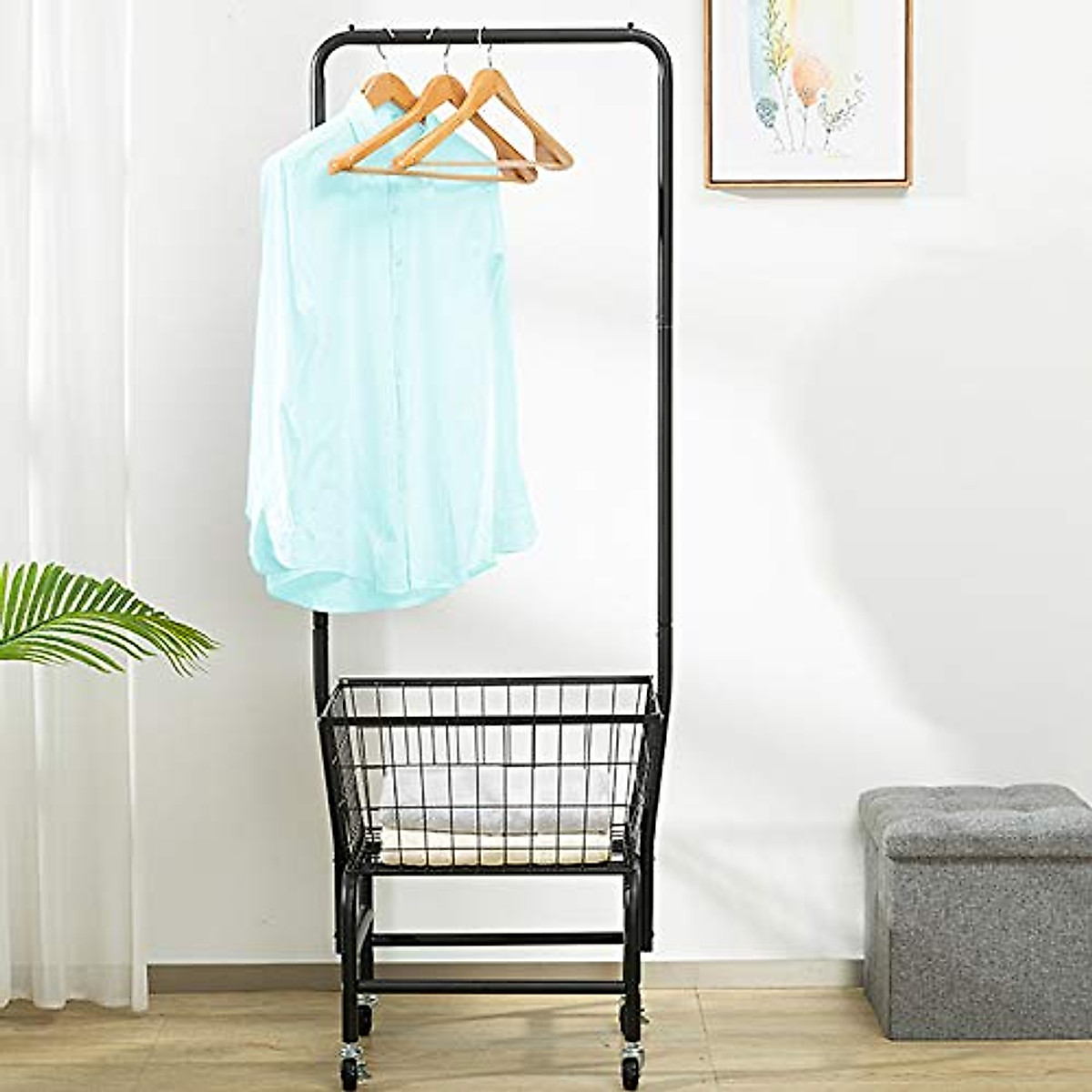 Rolling Laundry Hamper Basket Cart with Wire Storage Rack and Hanging Rack Black
