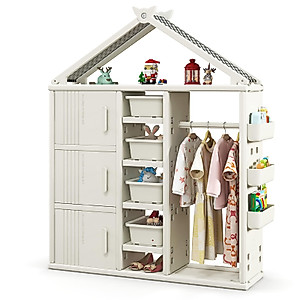 Costzon Kids Costume Storage Closet, Children Pretend Dresser Wardrobe, Open Hanging Armoire Closet with Storage Bins, Shelves, Side Baskets, Dress Up Center Clothing Organizer for Kids (White)