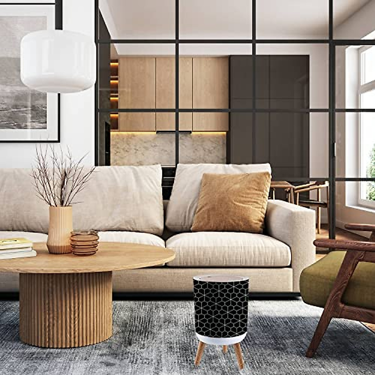 LOPYEIJFG Modern Seamless Geometry Flower Black White Abstract Geometric Print Trash Can with Lid Kitchen Bathroom Bedroom 1.8 Gallon Press Cover Wastebasket Office Wood Small Garbage Bin Waste Bin