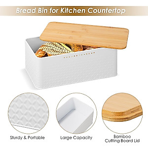 Widousy Bread Bin with Bamboo Lid, White Bread storage box – Bread Holder Bin for Kitchen Countertop Storage Organizer (White)