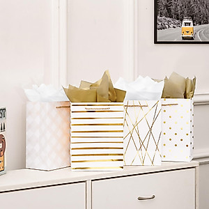Nihuecne 9" Gift Bags Medium Size with Tissue Paper, 4 Pack White Gold Wrap Paper Gift Bags with Handles for Shopping Parties Wedding Baby Shower Holiday Presents 4 Designs