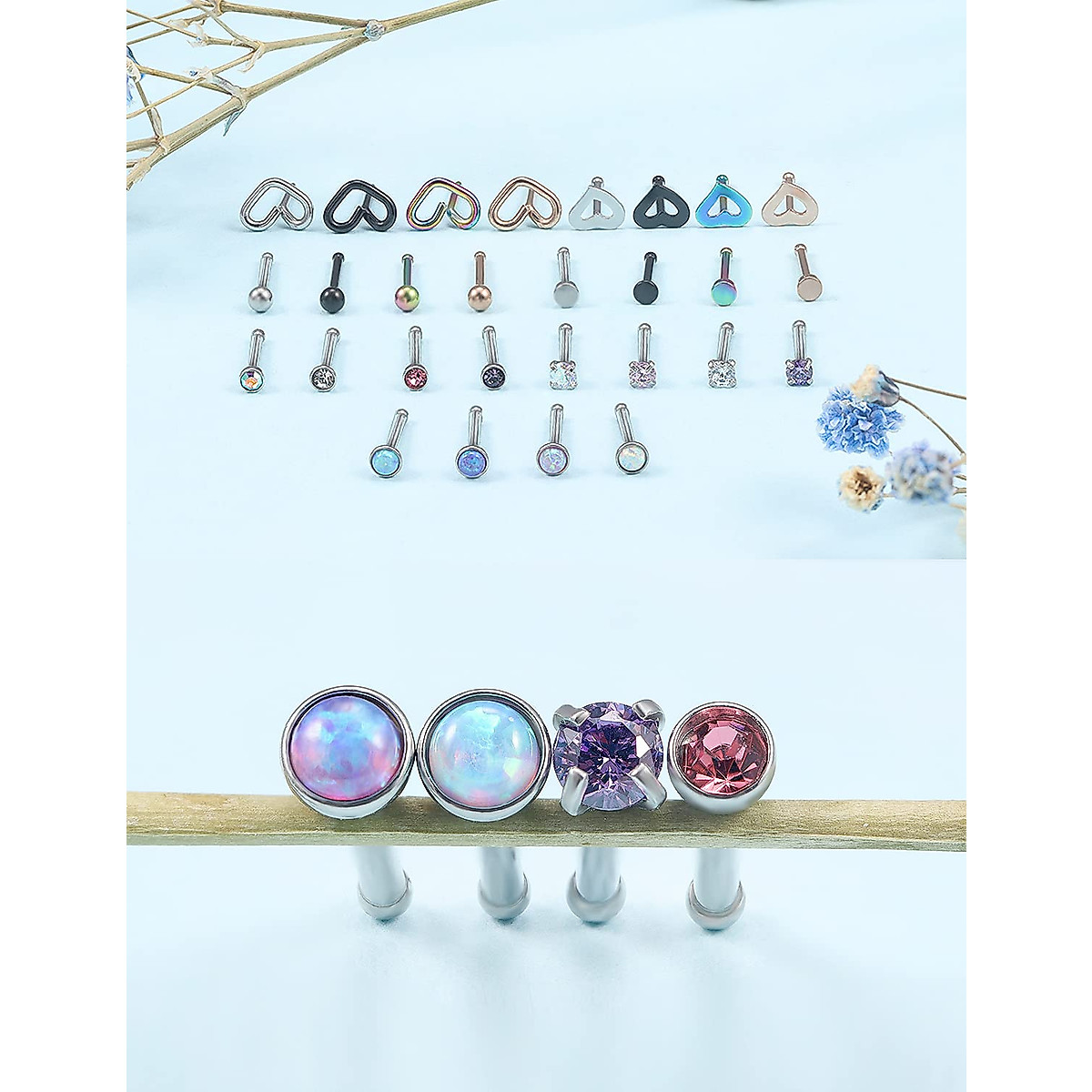 Goerhsjie Nose Rings Studs Piercings Jewelry for Women Men Surgical Steel 20g Straight Bone Shape Bar 2mm Dainty 20 Gauge Hypoallergenic Opal Nostril Aretes para La Nariz