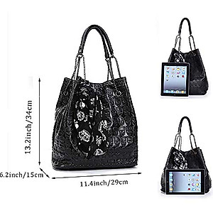 Chikencall® Womens Skull Print Hobo Tote PU Leather Shoulder Bag Punk Handbag and purses 2 sets