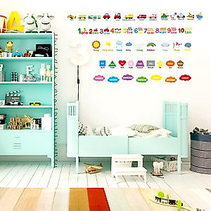 Alphabet Numbers Wall Decals 12 Sheets Color Weather Learning Educational Wall Stickers Peel and Stick Solar System Shape Wall Decals for Kids Toddlers Classroom Playroom Bedroom Wall Decorations