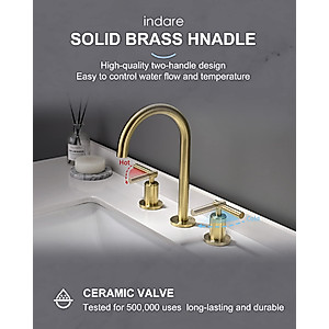Brushed Gold Bathroom Faucet, Indare Two Handles 360° Swivel Spout Widespread 4Inch 8Inch Brass Bathroom Sink Faucet 3 Hole with Pop-Up Drain and Water Supply Lines, Upgraded Style