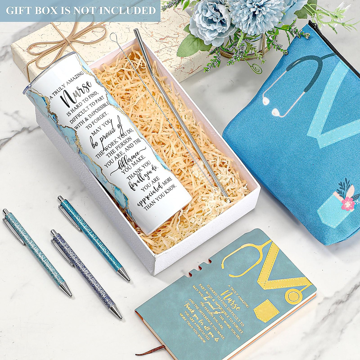 Domensi 6 Pcs Nurse Week Appreciation Gifts for Women Medical Nursing Assistant 20 oz Marble Sign Tumbler Makeup Bag Notepad with Ballpoint Pen for Graduation Nursing Student(Blue)