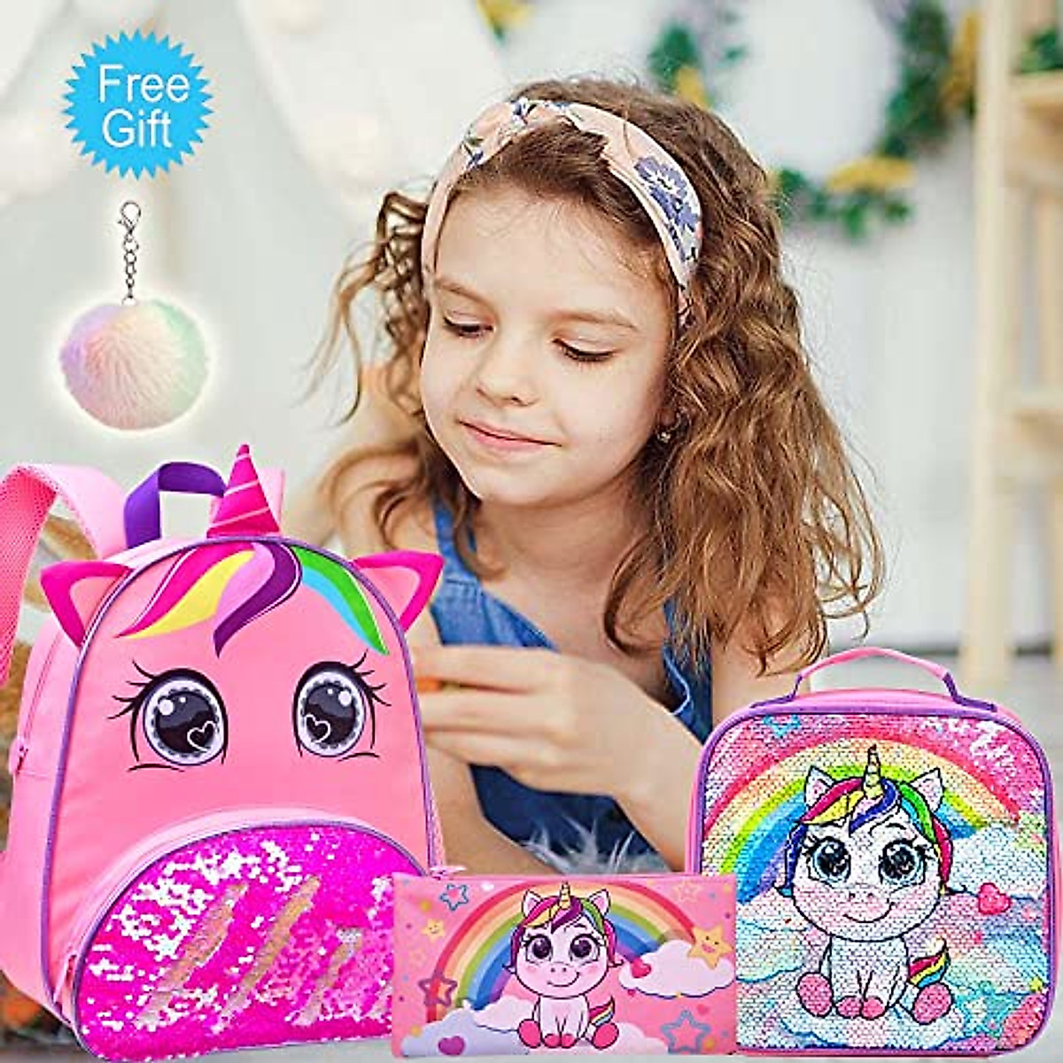 UFNDC Toddler Backpack for Girls, 3pcs Unicorn Sequin Preschool Bookbag with Lunch Box,Cute Kindergarten School Bag