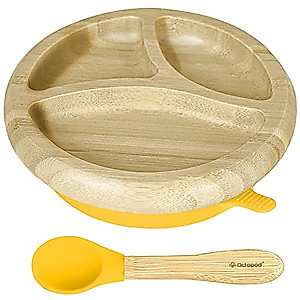 Abiie Octopod Bamboo Dish - Kids Plates for 4 months and up, 3-Compartment Baby Plates with Suction, Round Bamboo Baby Plate, Mess-Free Toddler Suction Plates, Baby Feeding Supplies, 7.5 x 7.5 x 1.9in