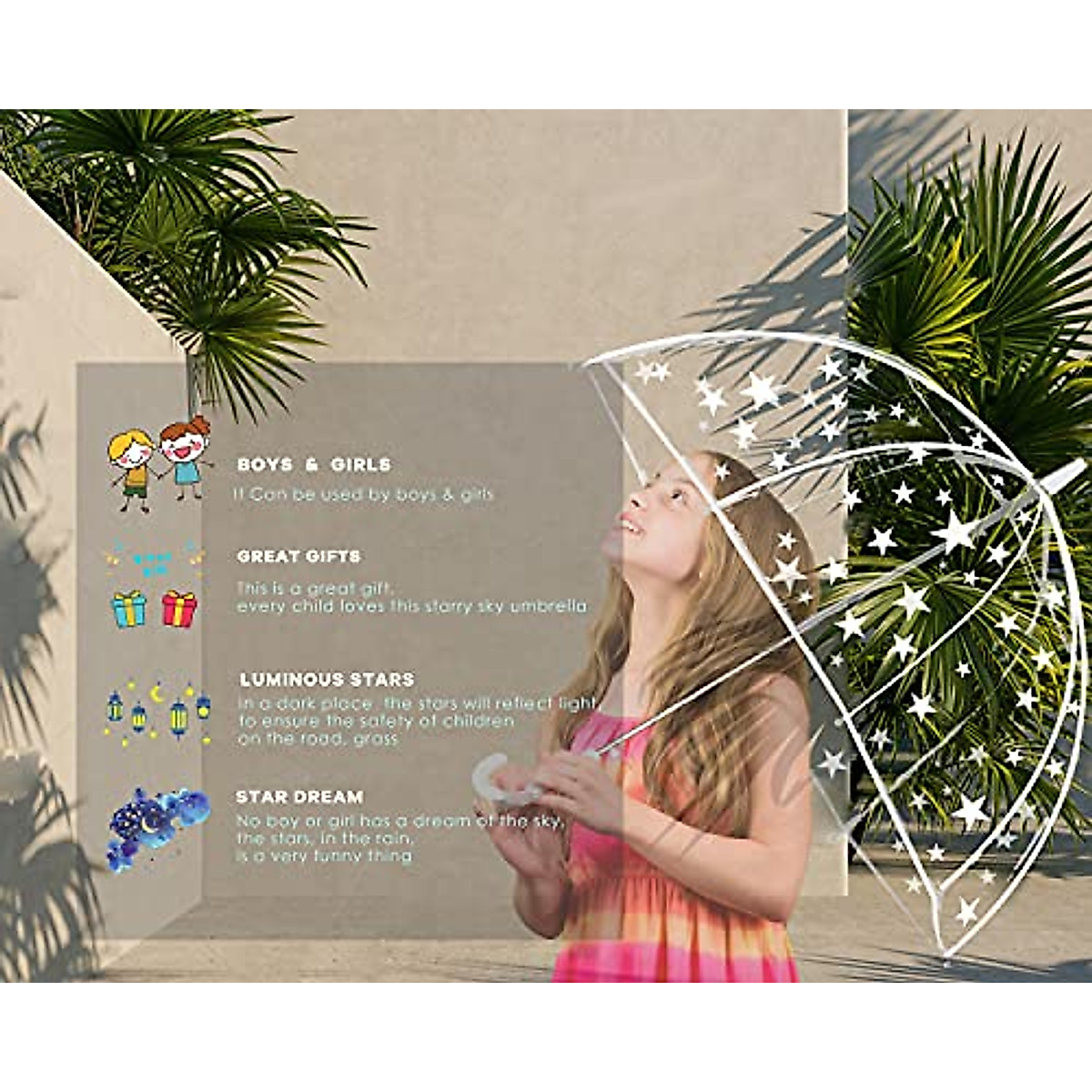 Baraida Kids Clear and Transparent Umbrella with an Easy Grip Handle, Dome Bubble Umbrella, Windproof for Kids Boys and Girls, Little Stars