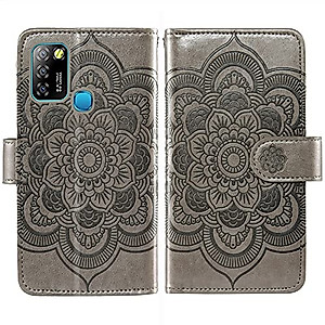 Asuwish Phone Case for Infinix Smart 5/Hot 10 Lite Wallet Cover with Tempered Glass Screen Protector and Flower Leather Flip Credit Card Holder Stand Folio Purse Cell Accessories X657B Women Men Grey