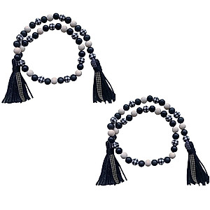 36 inch Wood Bead Garland with Jute Rope Plaid Tassel Tiered Tray Decoration Farmhouse Rustic Beads Natural Wood Beads Decor for Home Garden Holiday Party Hanging Ornament Black