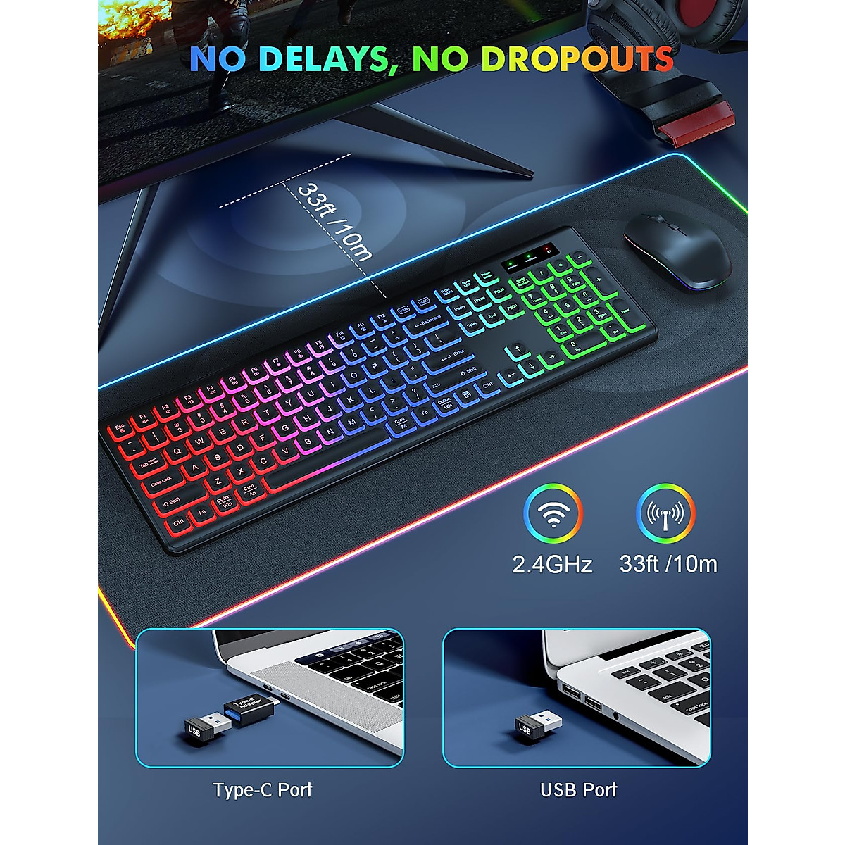 Wireless Keyboard and Mouse Combo - RGB Backlit, Rechargeable & Light Up Letters, Full-Size, Ergonomic Tilt Angle, Sleep Mode, 2.4GHz Quiet Keyboard Mouse for Mac, Windows, Laptop, PC, Trueque