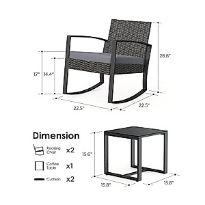 3 Pieces Wicker Patio Furniture Set, Modern Rocking Conversation Set with Coffee Table, Outdoor Rattan Patio Chairs Bistro Set for Balcony Porch Garden Yard Poolside, Grey