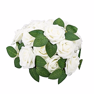 MEOKEY 25pcs Artificial Rose Flowers, Ivory Foam Fake Roses with Stems for DIY Wedding Bouquets White Bridal Shower Centerpieces Arrangements Party Tables Decorations