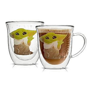 JoyJolt Mandalorian Mystic Grogu 13.5oz Coffee Mug, Double Wall Mug Set of 2. Large Espresso Cups, Cappuccino or Latte Cup. Mandalorian Star Wars Mugs, Glass Coffee Cup, Insulated Coffee Mug