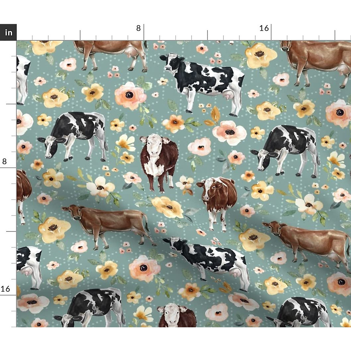 Spoonflower Fabric - Farmhouse Blue Cows Flowers Large Pink Floral Dots Spring Watercolor Printed on Petal Signature Cotton Fabric by The Yard - Sewing Quilting Apparel Crafts Decor