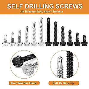 VIGRUE 410 Stainless Steel 360 Pieces Self Tapping TEK Screw Assortment, #8 Hex Washer Head Self Drilling Screws Full Thread Sheet Screw Kit for Metal