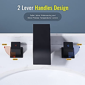 Matte Black Waterfall Bathroom Faucet - 8 Inch Widespread Bathroom Faucets for Sinks 3 Hole, Modern 2 Handles Bathroom Sink Faucet with Pon Up Drain and cUPC Supply Lines