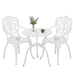 PATIO-IN Bistro Set 3 Piece Outdoor Patio Set, Rust Resistant Bistro Table and Chairs Furniture with Umbrella Hole, Cast Aluminum Bistro Table Set of 2 for Porch,Lawn,Garden,Backyard, White