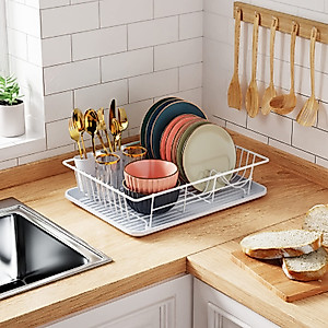 GSlife Dish Drying Rack for Kitchen Counter Small Dish Rack with Drainboard Tray Dish Racks Drainer for Kitchen Countertop, Snow White