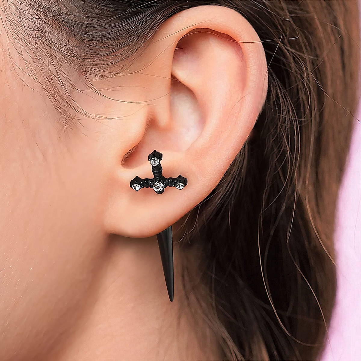 CHASELOV Gothic Earrings For Women, Sword Earrings, Goth Dagger Screw Back Earrings, Cool Mens Earrings, Fake Gauge Illusion Jewelry, Stainless Steel 18g Ear Jacket Earrings (Silver)