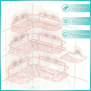 TOVE KNIGHTY Pink Shower Caddy, 4 Pack Corner Shower Shelves, Shower Organizer Shelf with Soap Dish and Hooks, No Drilling Self Adhesive Rustproof Shower Rack for Bathroom Kitchen Storage
