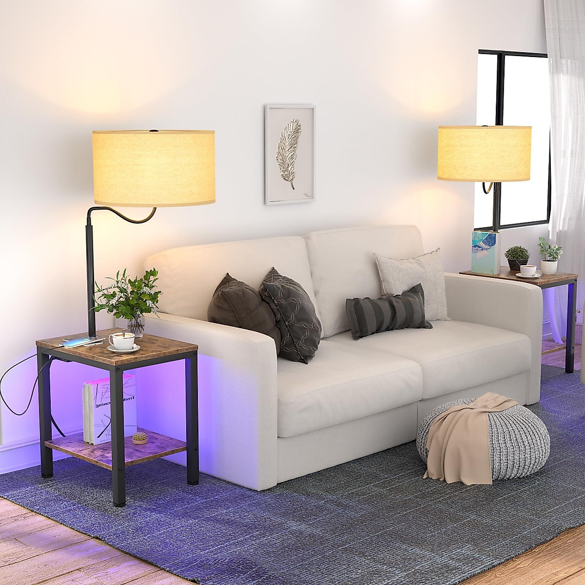 LityMax LED Floor Lamp with Table, Rustic Brown Side Table with LED Light and Power Outlet, Nightstand with Lamp, End Table with Lamp Attached for Living Room Bedroom, USB Ports, Bulb Included, 2 Pack