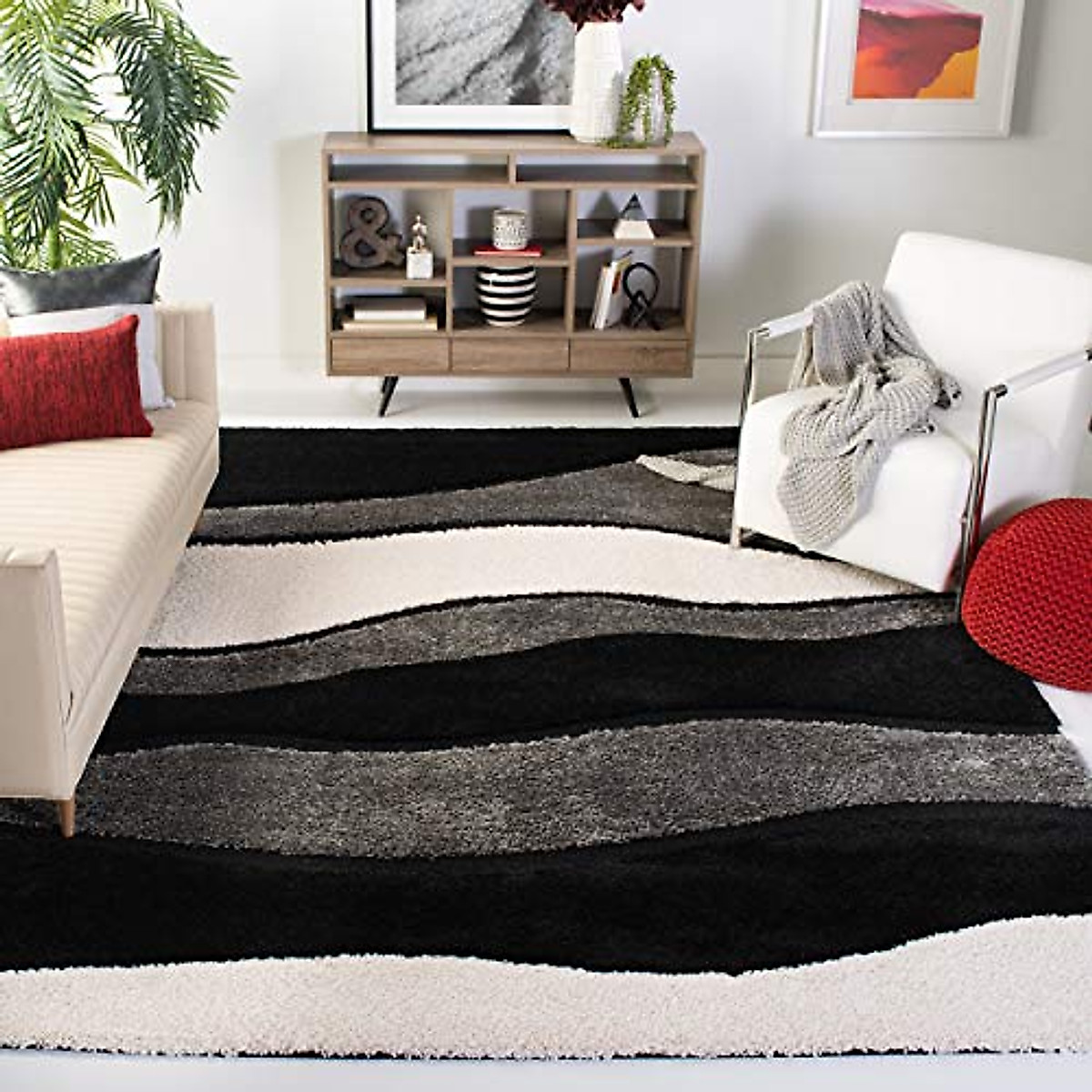 SAFAVIEH Florida Shag Collection 5'3" x 7'6" Grey/Black SG475 Abstract Non-Shedding Living Room Bedroom Dining Room Entryway Plush 1.2-inch Thick Area Rug