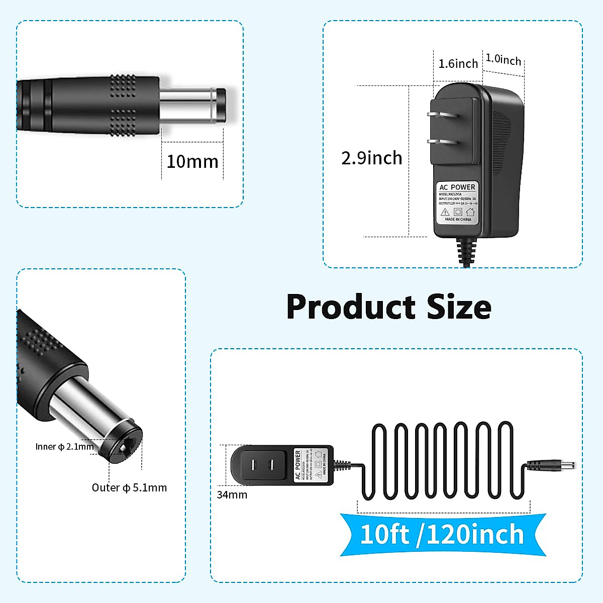 OOSSXX 12V1A 100V-240V US AC to DC Power Supply Adapter for CCTV Home Security Camera System 10 Feet Cord Power Supply for Surveillance Camera