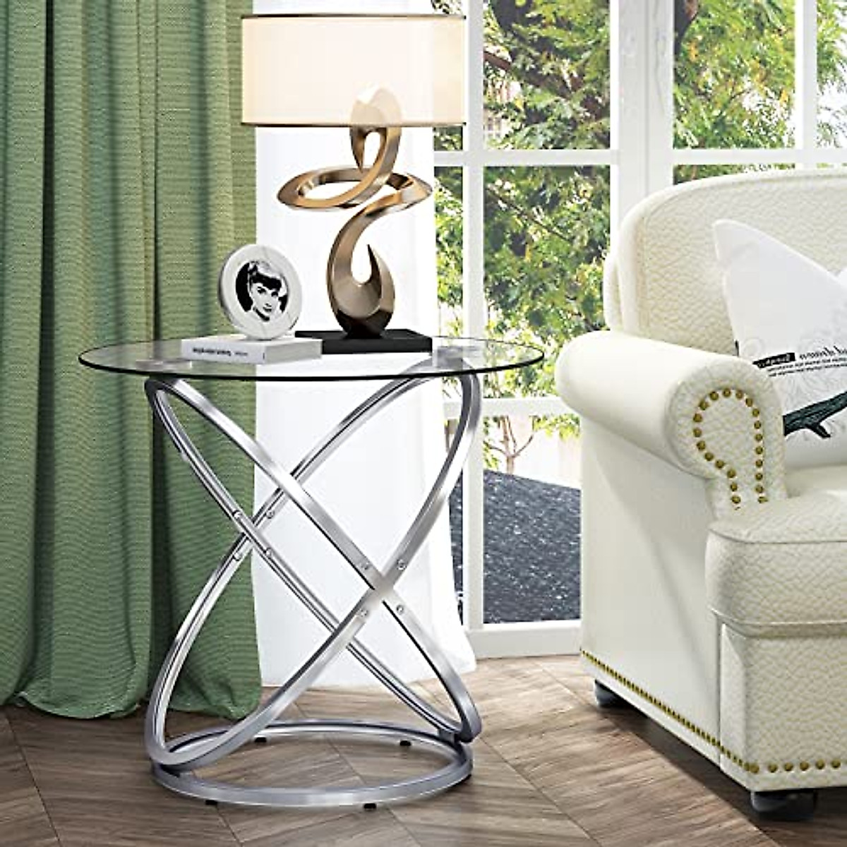 OIOG Glass Round End Table, Living Room Side Table for Small Space, Modern End Table with Tempered Glass Tabletop, Contemporary Side End Table, Chrome Finish